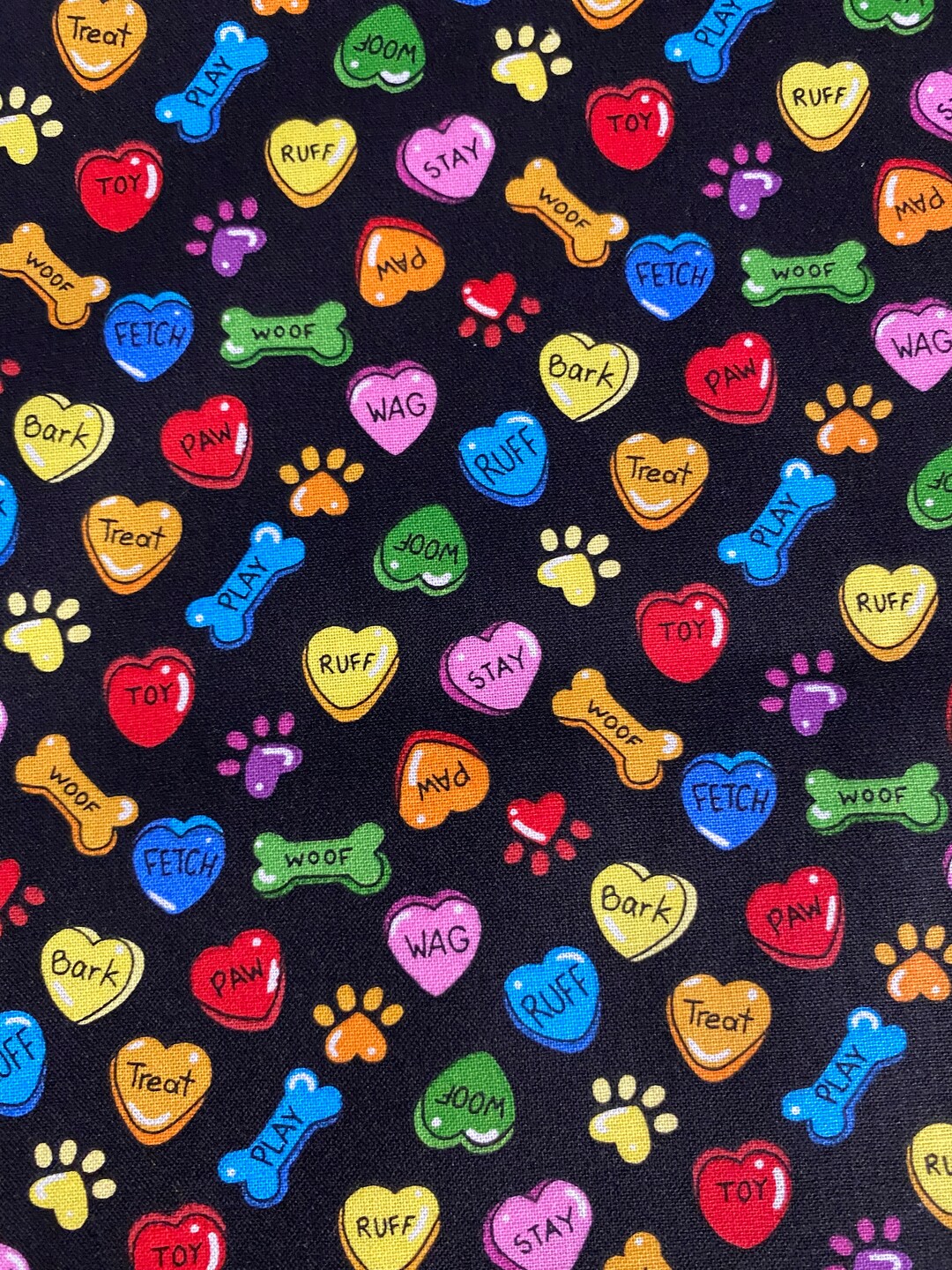 Fabric by the Half Yard - Conversation Hearts, Paw Prints and Bones on ...