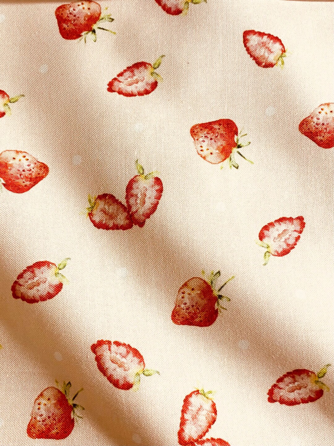 One Fat Quarter of Fabric - Strawberries and Dots, Strawberry Fabric, Spring Fabric, Pale Pink ...