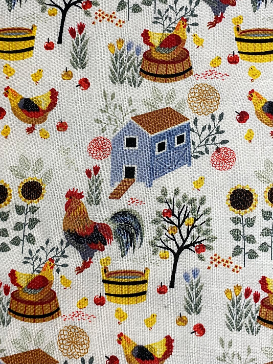 Fabric by the Half Yard - Farm Chickens and Roosters, Chicken Fabric ...