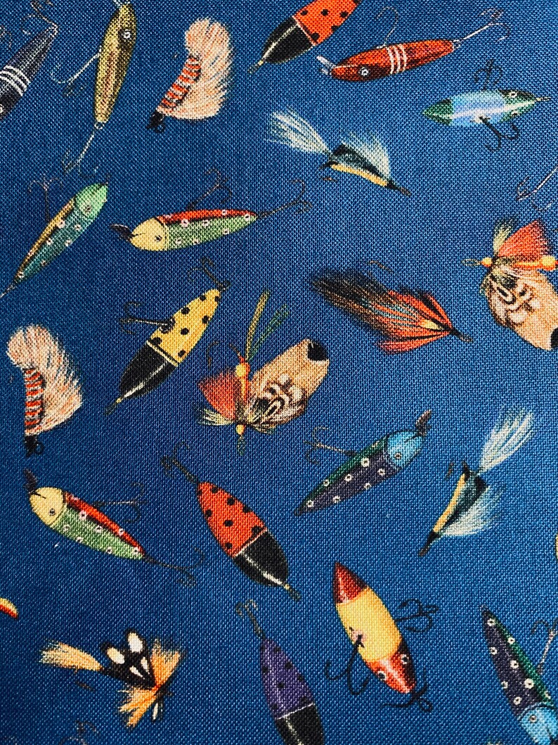 Fabric by the Half Yard - Fishing Lures on Bright Blue, Fishing Fabric ...