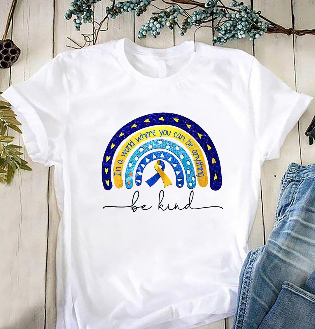 Be Kind Blue and Yellow Rainbow T-shirt, T21 Awareness Shirt, Down ...