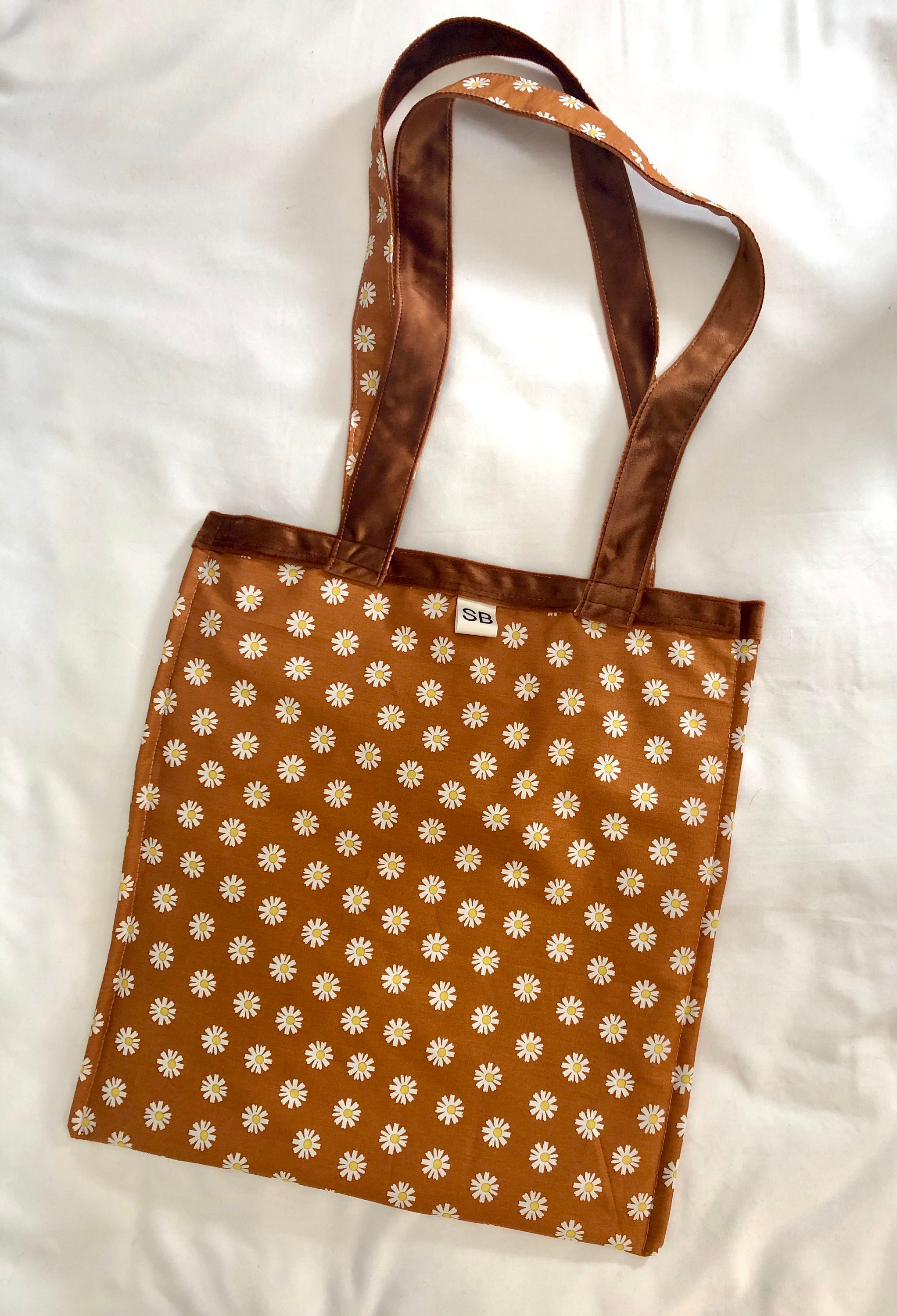 Orange Mocca Luxury Velvet & Rust Daisy Printed Cotton Reversible Tote ...