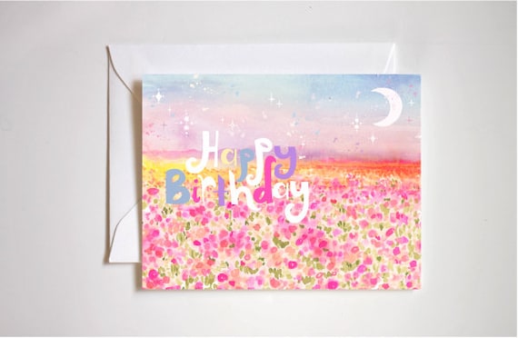 Happy Birthday Field of Flowers Card / Watercolor Flower Field - Etsy