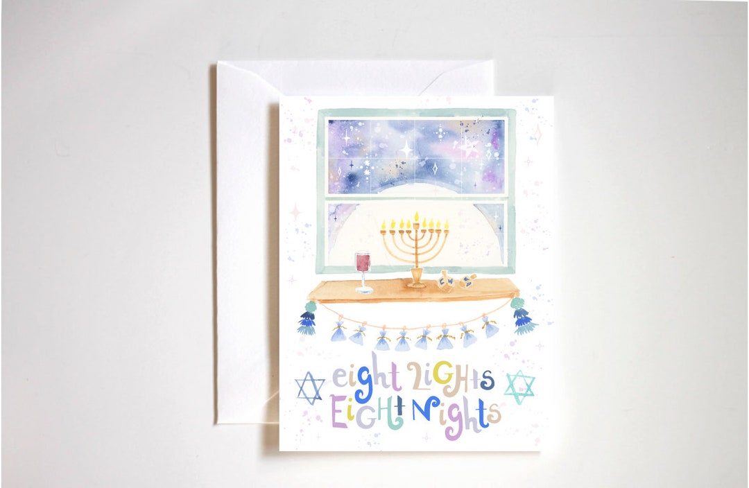 Hanukkah Card, Eight Nights Eight Lights, Watercolor Hanukkah Card ...