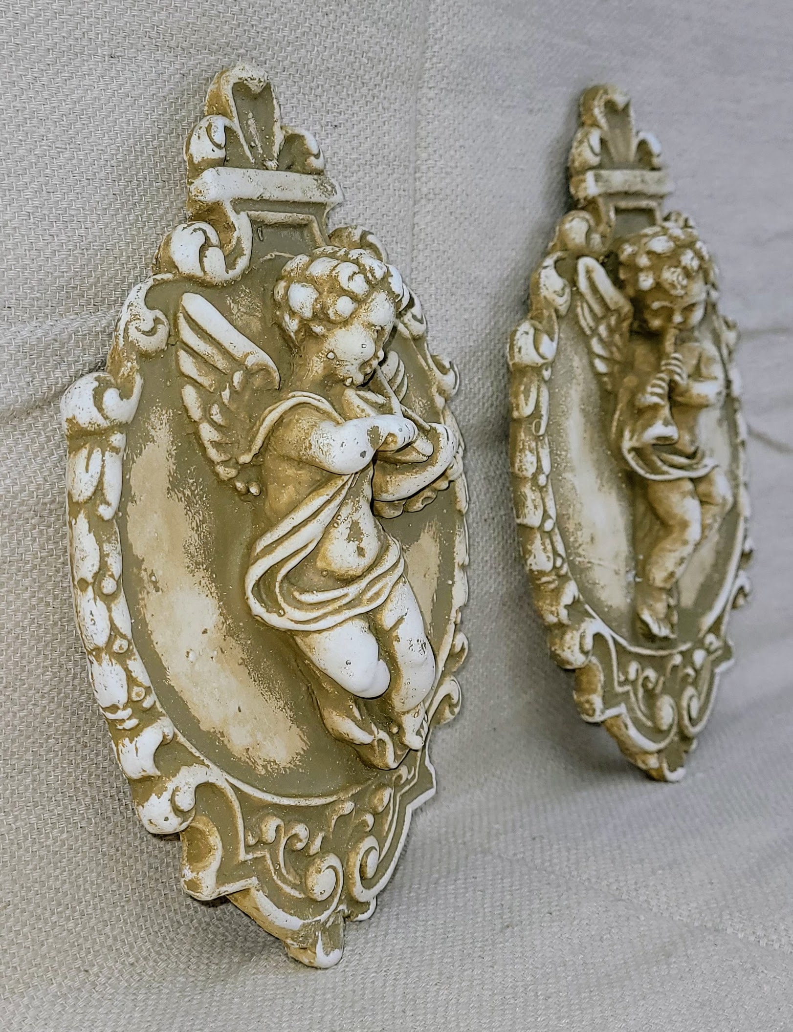 Vintage Pair Ornate Cherubs Playing Music Angels Instruments Wall Decor ...