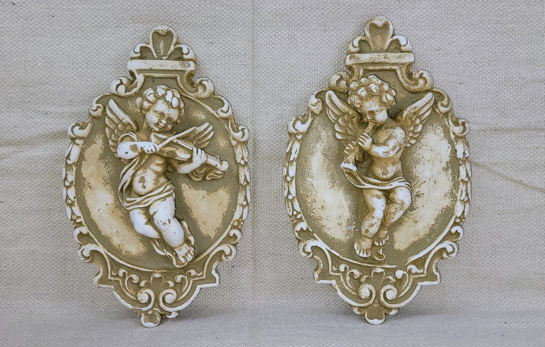 Vintage Pair Ornate Cherubs Playing Music Angels Instruments Wall Decor ...