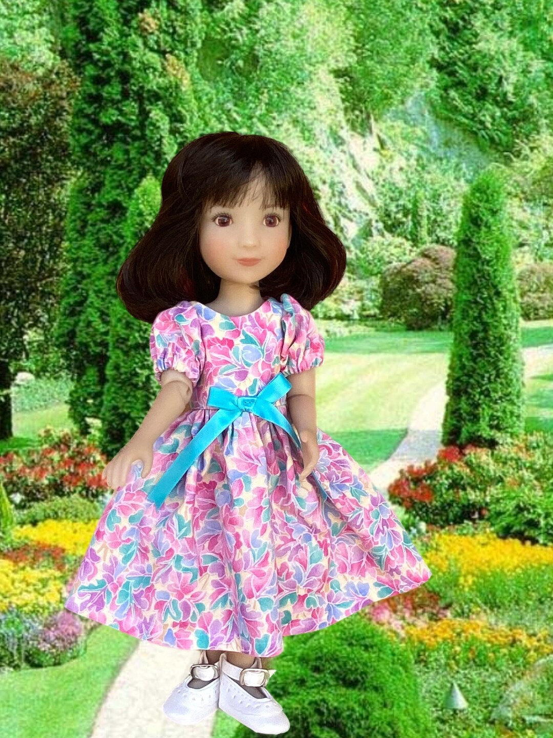 Pale Yellow Leaf Print Doll Dress With Teal Satin Bow for 12-inch ...
