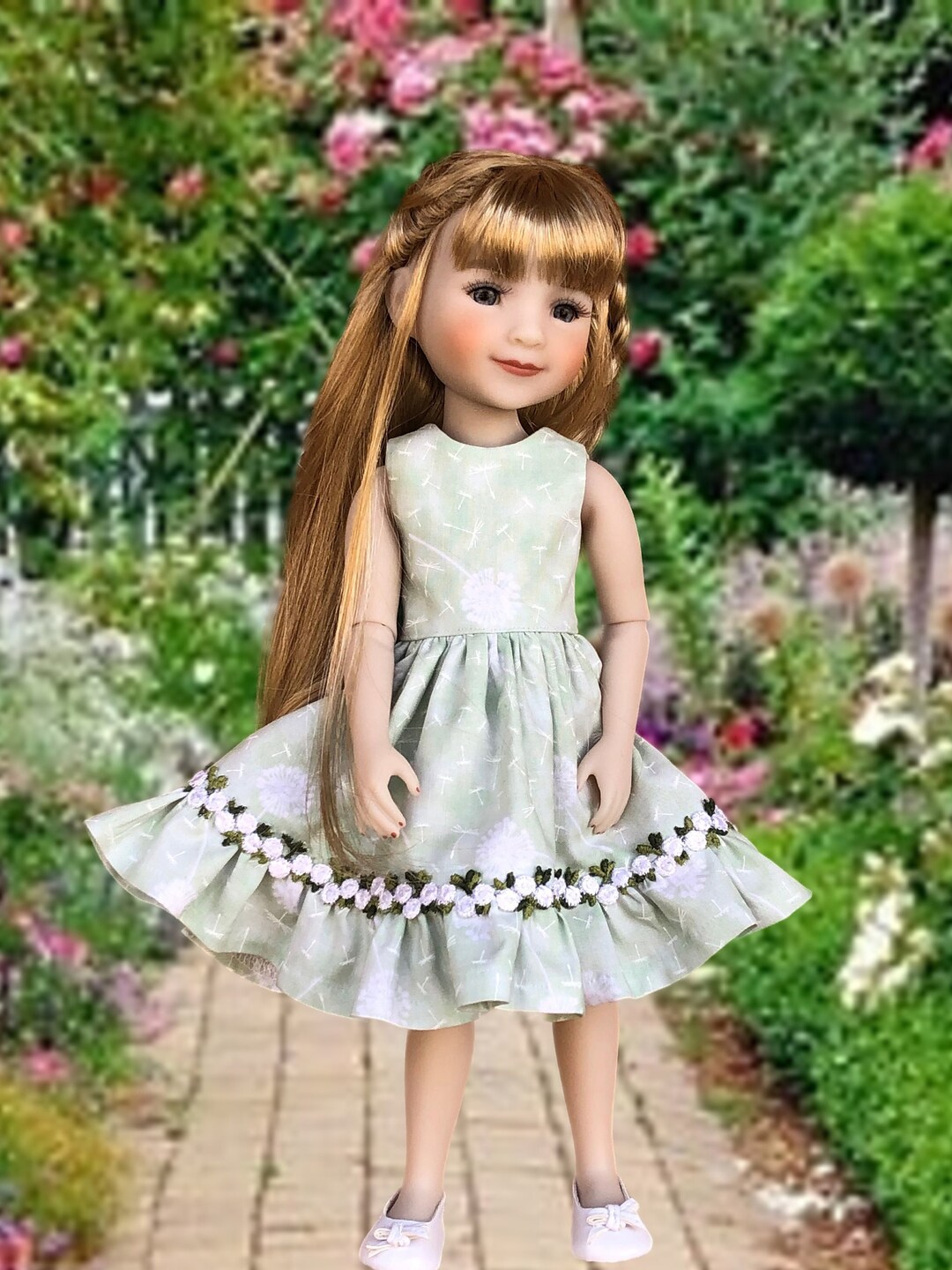 RRFF Pale Green and White Print Sleeveless Dress With Ruffle Trim and ...