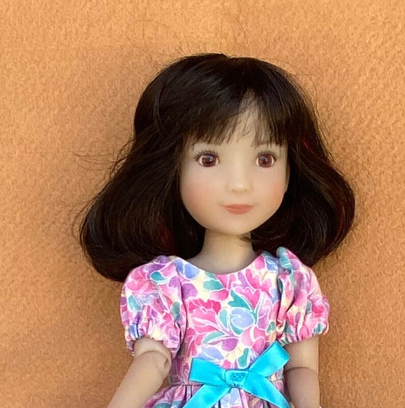 Pale Yellow Leaf Print Doll Dress With Teal Satin Bow for 12-inch ...