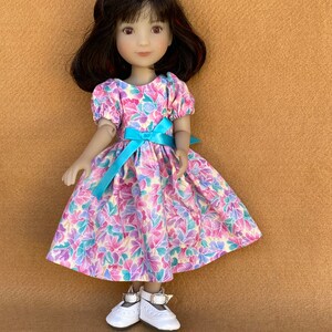 Pale Yellow Leaf Print Doll Dress With Teal Satin Bow for 12-inch ...