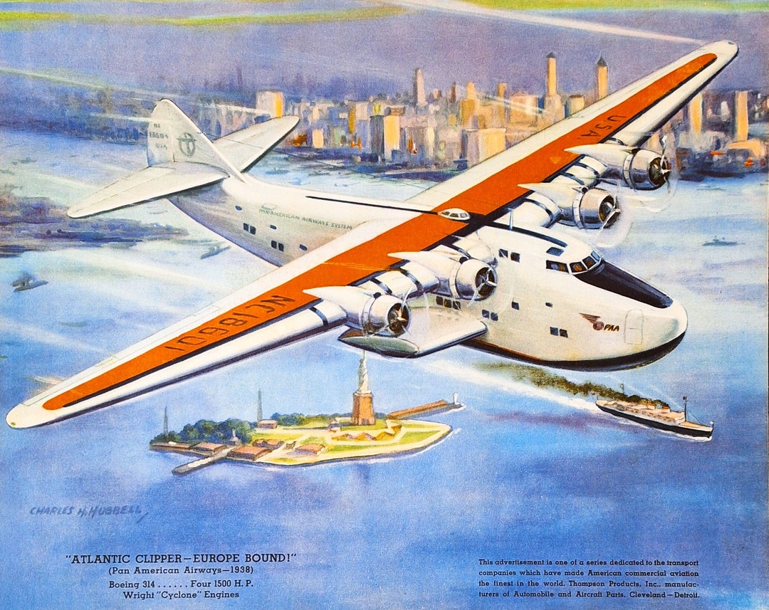 Pan American Airways Atlantic Clipper, 1938 VINTAGE AD, Boeing 314 ...