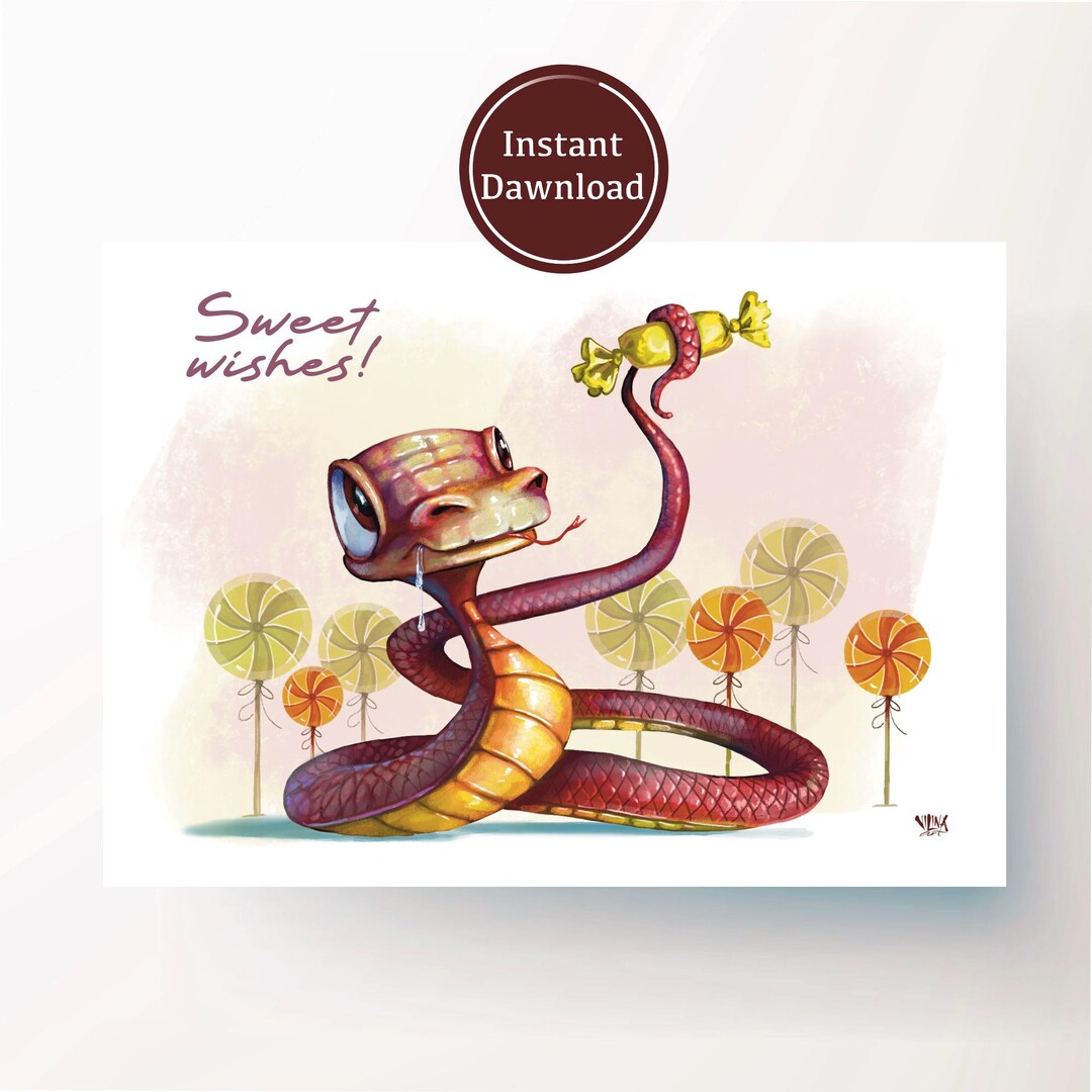 Christmas Card, Snake Year Printable Card, Sweet Wishes, Snake With ...