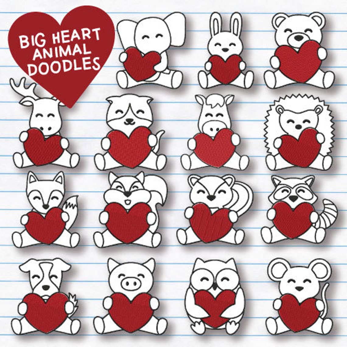 Big Heart Animal Doodles Embroidery Designs, 15 Designs Included ...