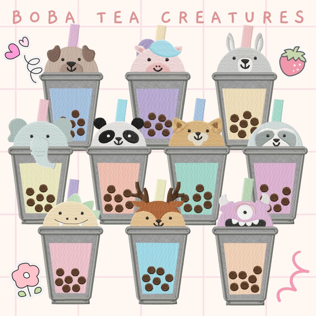 Boba Tea Creatures Embroidery Designs, 10 Included, Machine Embroidery ...