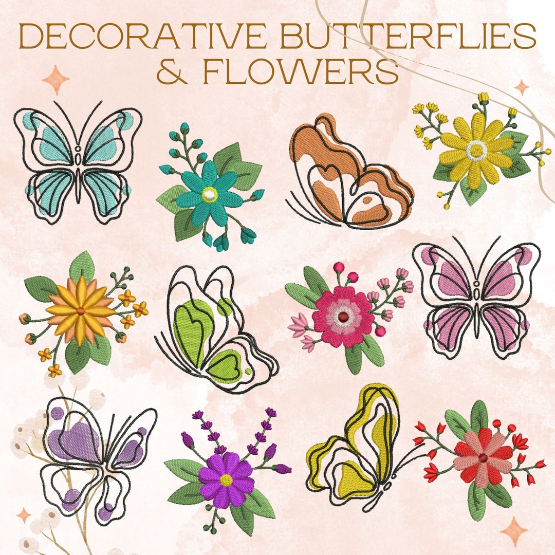 Decorative Butterflies Flowers Embroidery Design, 12 Included, Machine ...