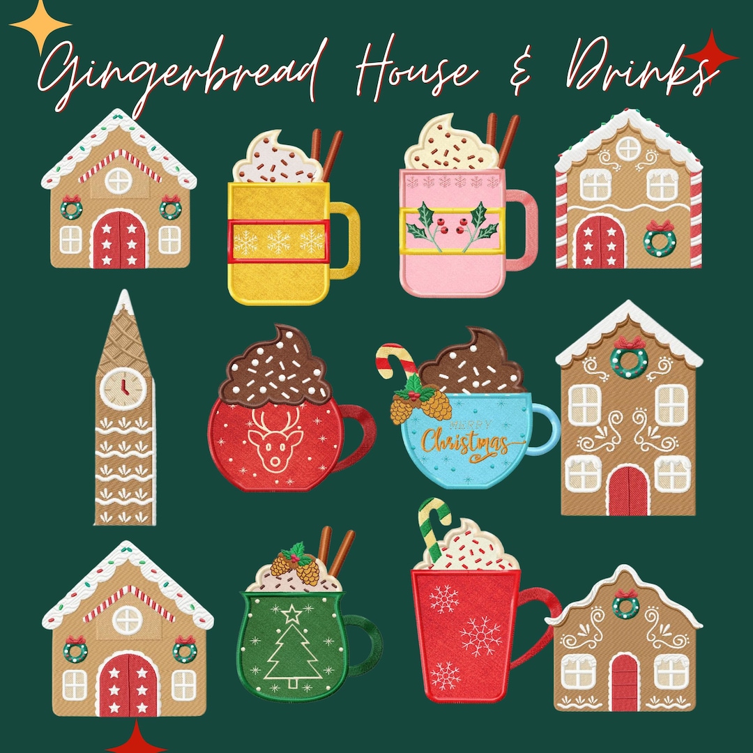 Gingerbread Houses and Drinks Embroidery Designs, Machine Embroidery ...