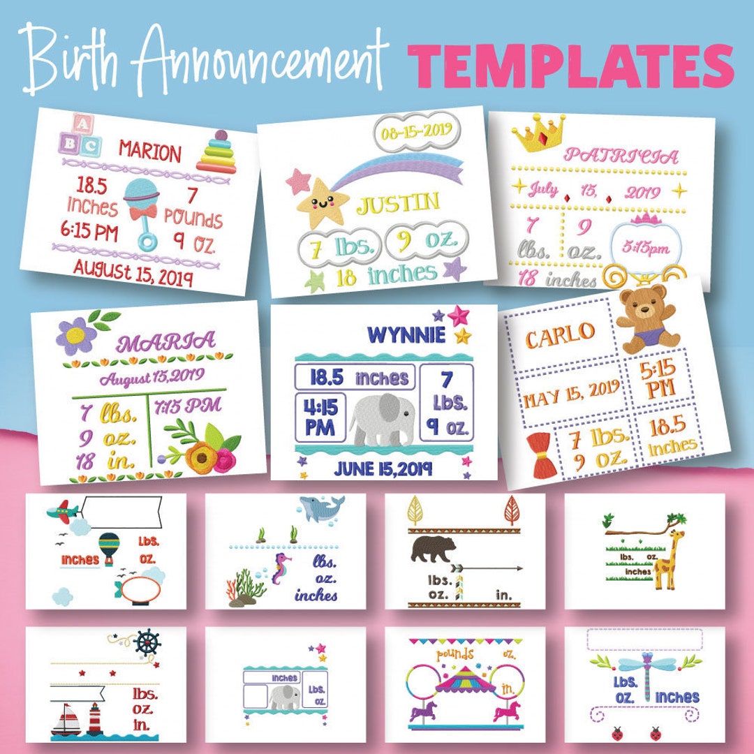 Birth Announcement Embroidery Designs, 20 Templates and 8 Fonts ...