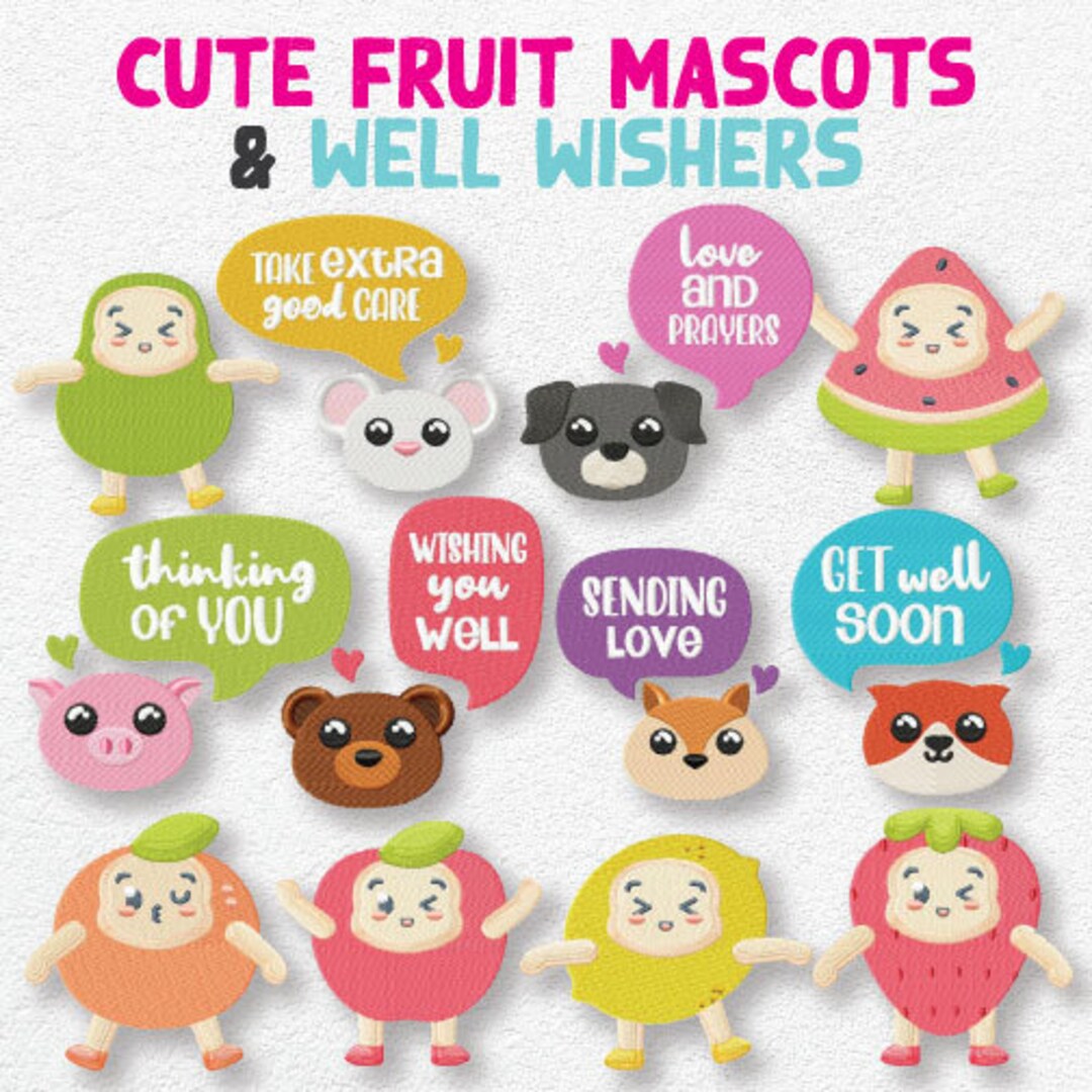 Cute Fruit Mascots and Well Wishers Stitched Embroidery Design Pack, 12 ...