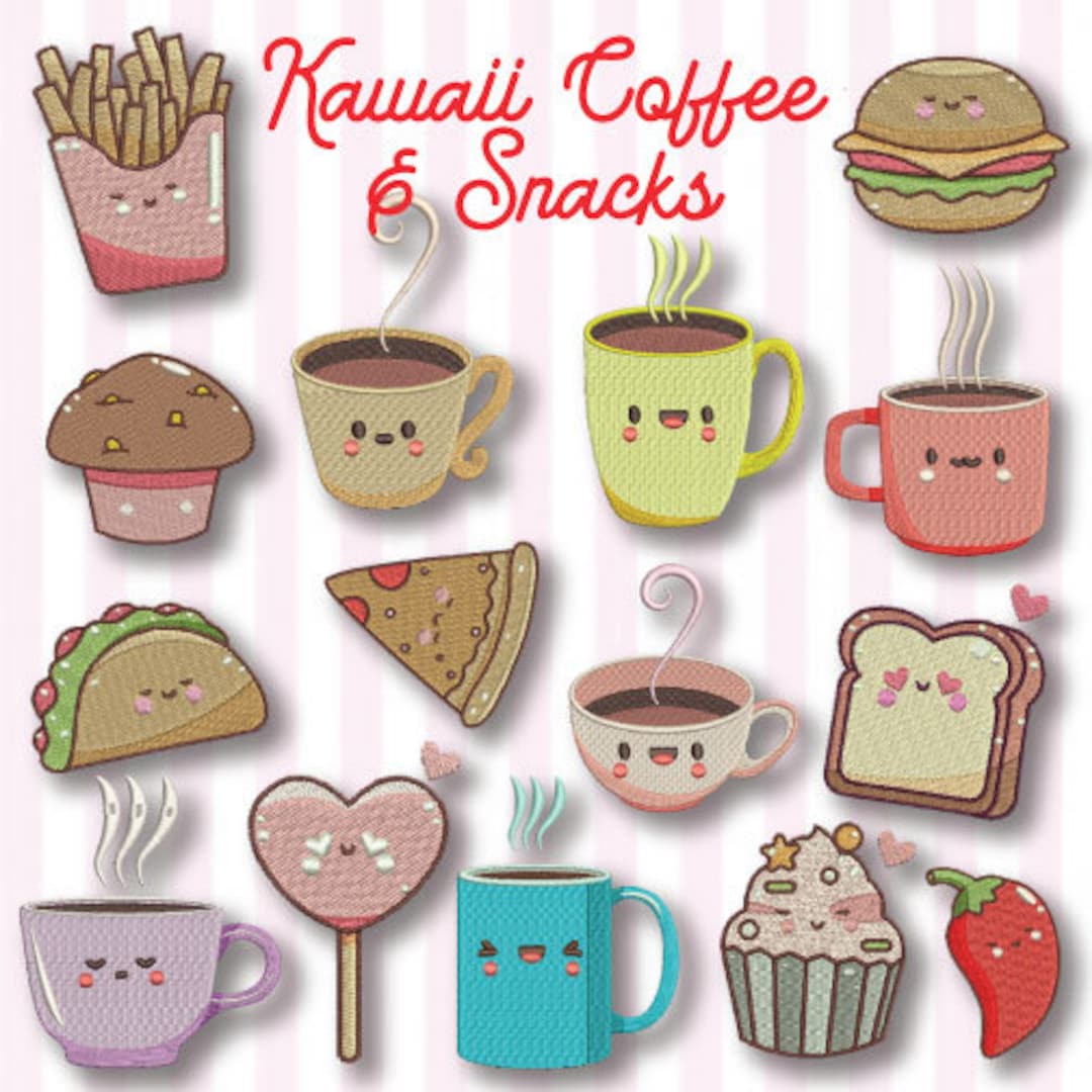 Kawaii Coffee and Snacks Embroidery Designs, 15 Designs, Machine ...