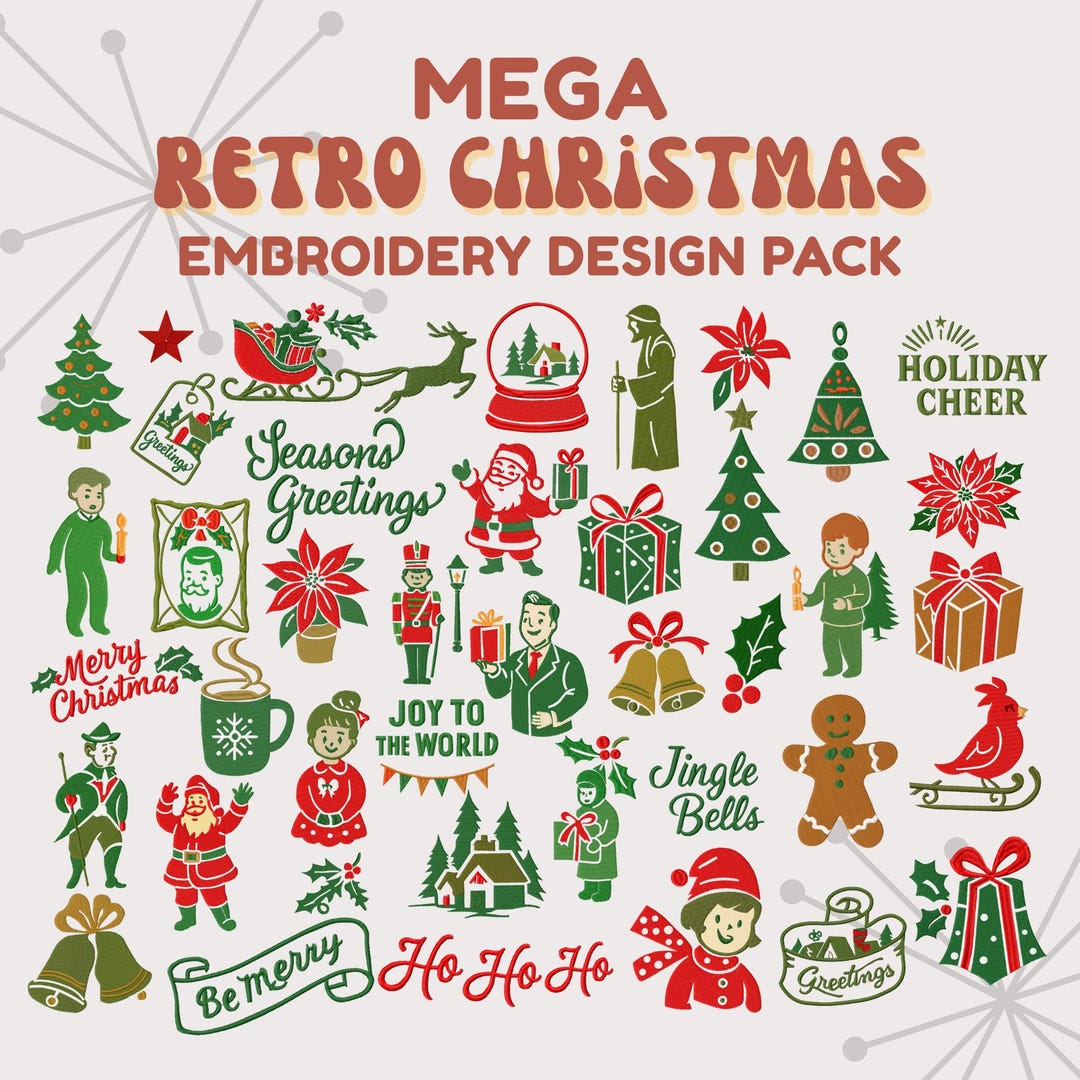 Retro Christmas Embroidery Designs, 41 Included, Machine Embroidery ...