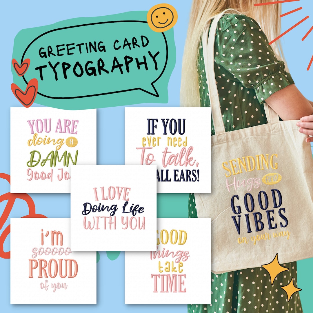 Greeting Cards Typography Embroidery Designs, 6 Included, Machine ...