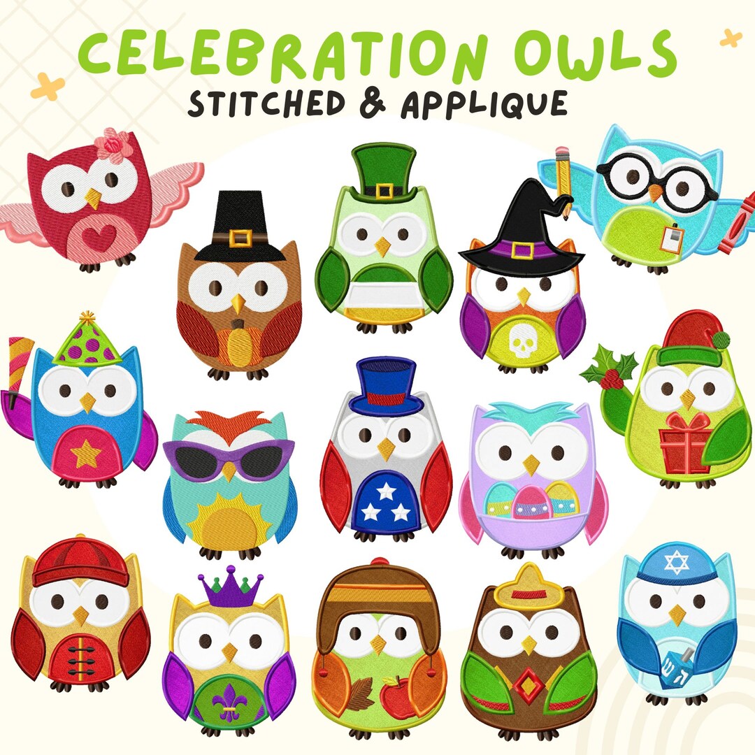 Celebration Owls Stitched and Appliqué Embroidery Design, 15 Included ...