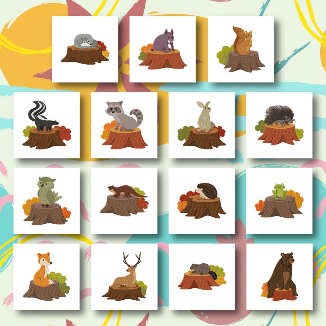 Animals on Tree Stump Embroidery Designs, 15 Included, Fox Deer Owl ...