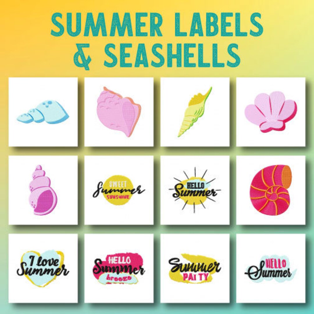 Summer Labels and Seashells Embroidery Design Pack, 12 Designs, Machine ...