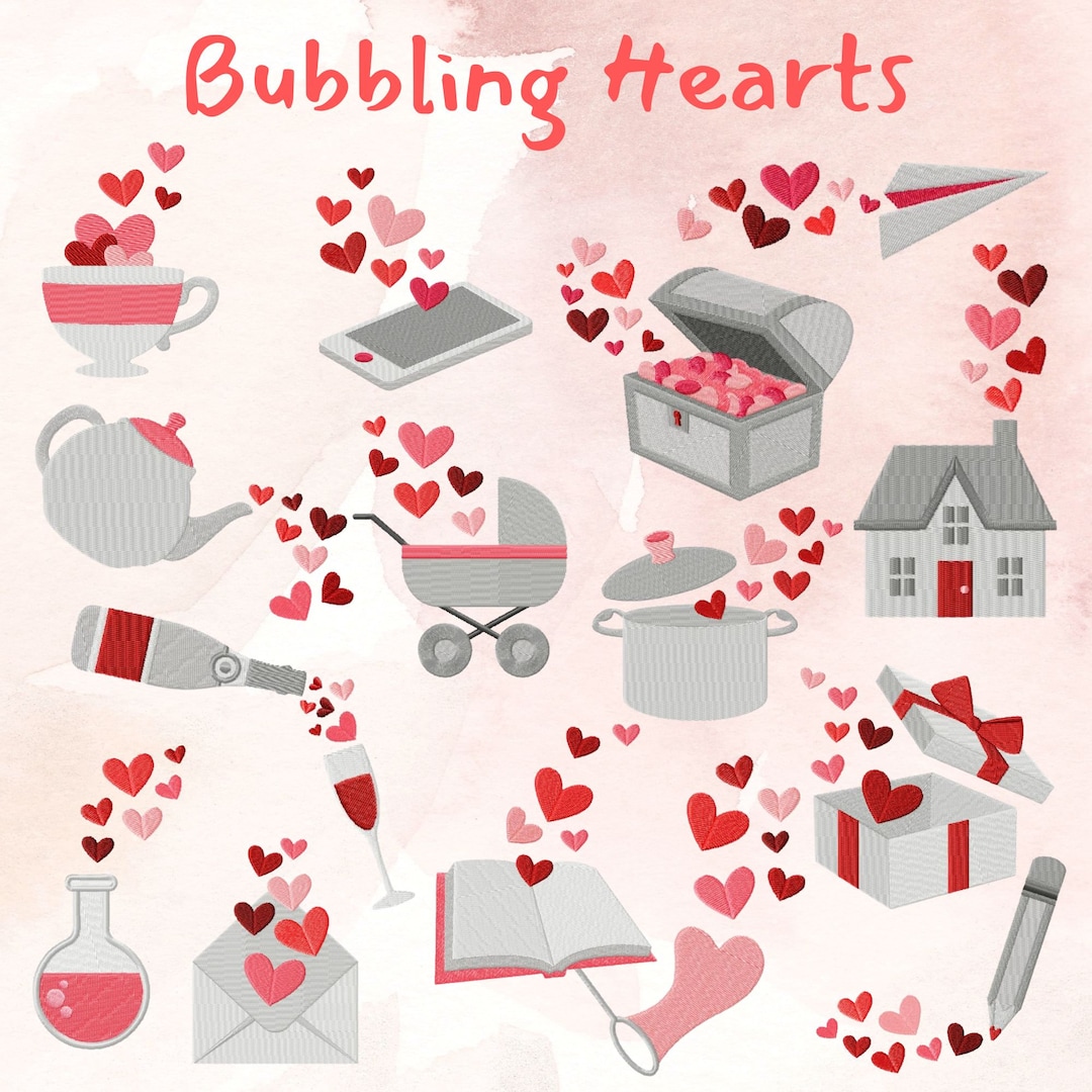 Bubbling Hearts Valentine's Embroidery Designs, 15 Included, Machine Embroidery, Brother PES DST ...