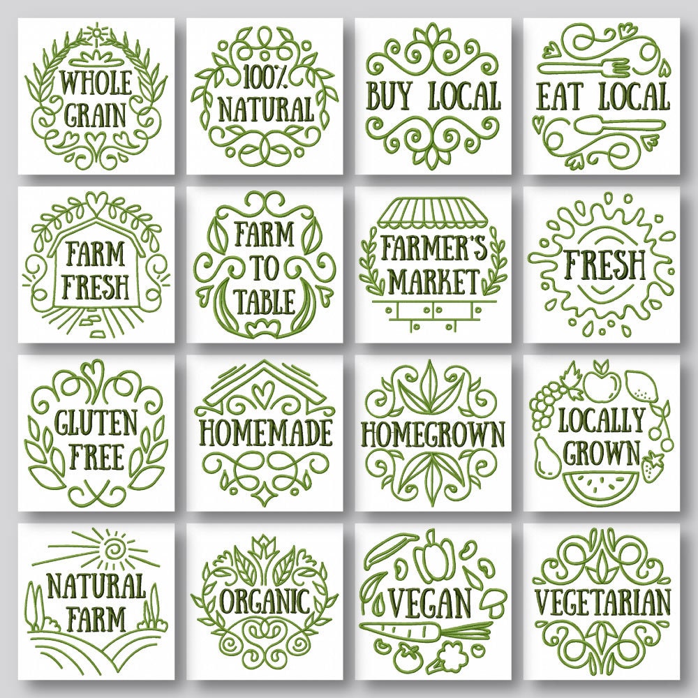 Farmer’s Market Labels Embroidery Designs, 16 Included, Machine ...
