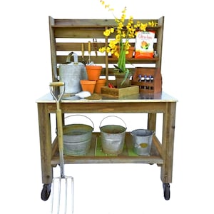 Handmade Redwood Potting Table: Rolling Garden Workbench With Shelves ...