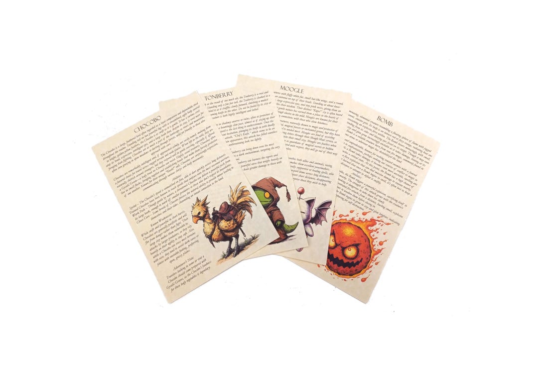 FF Journal Page Creature Prints - Chocobo, Tonberry Moogle Fantasy ...