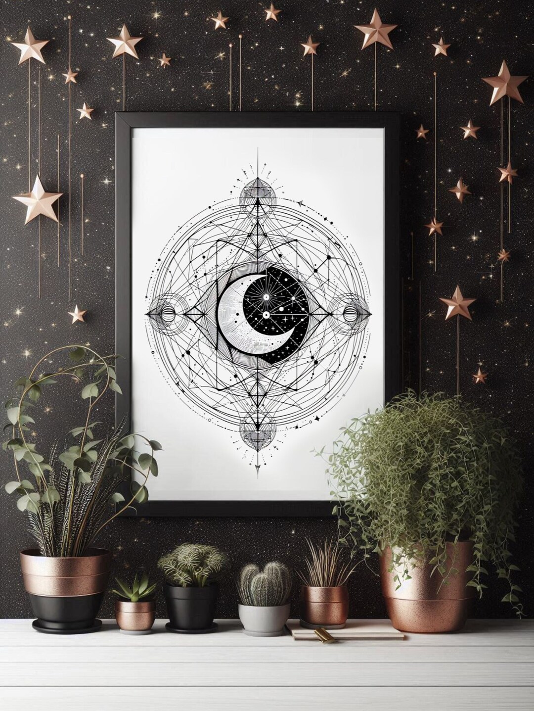 Geometric Lunar Phases Prints Set of 4 - Intricate Celestial Pattern ...