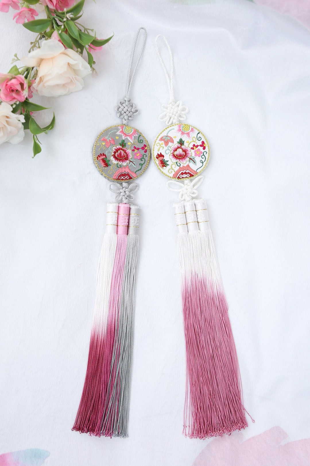 Korean Traditional Decoration Tessel, Embroidered With Flowers, Norigae ...