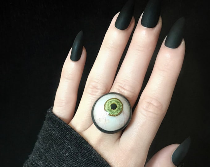 Green Prosthetic Eye Ring - Esoteric Sterling Silver Eyeball Ring With ...