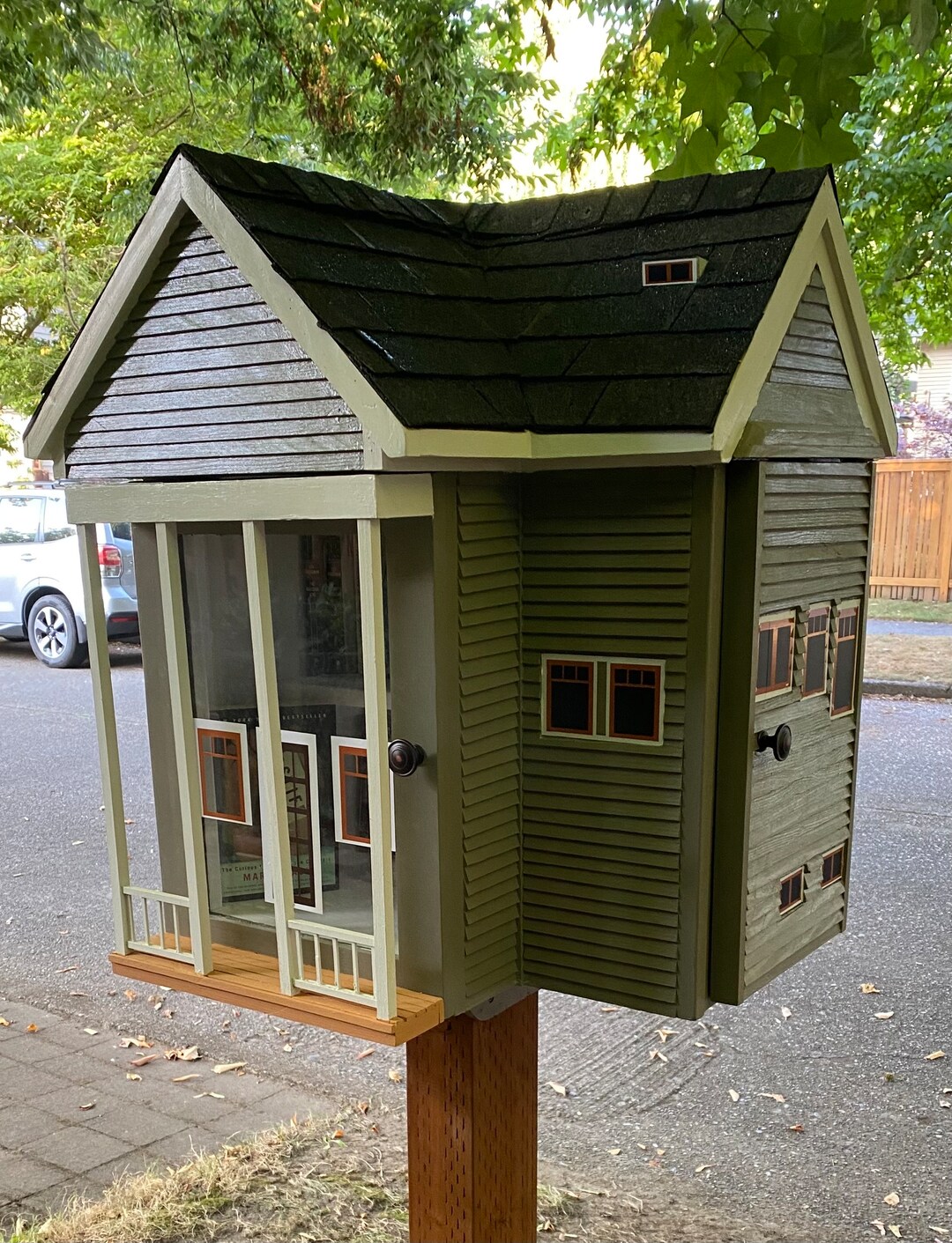 Custom “L” Shaped Library, Pantry, and Geocache, Shingled Roof, Front ...