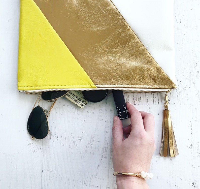 Colorblock Citron and Gold Leather and White Faux Leather Clutch - Gift ...