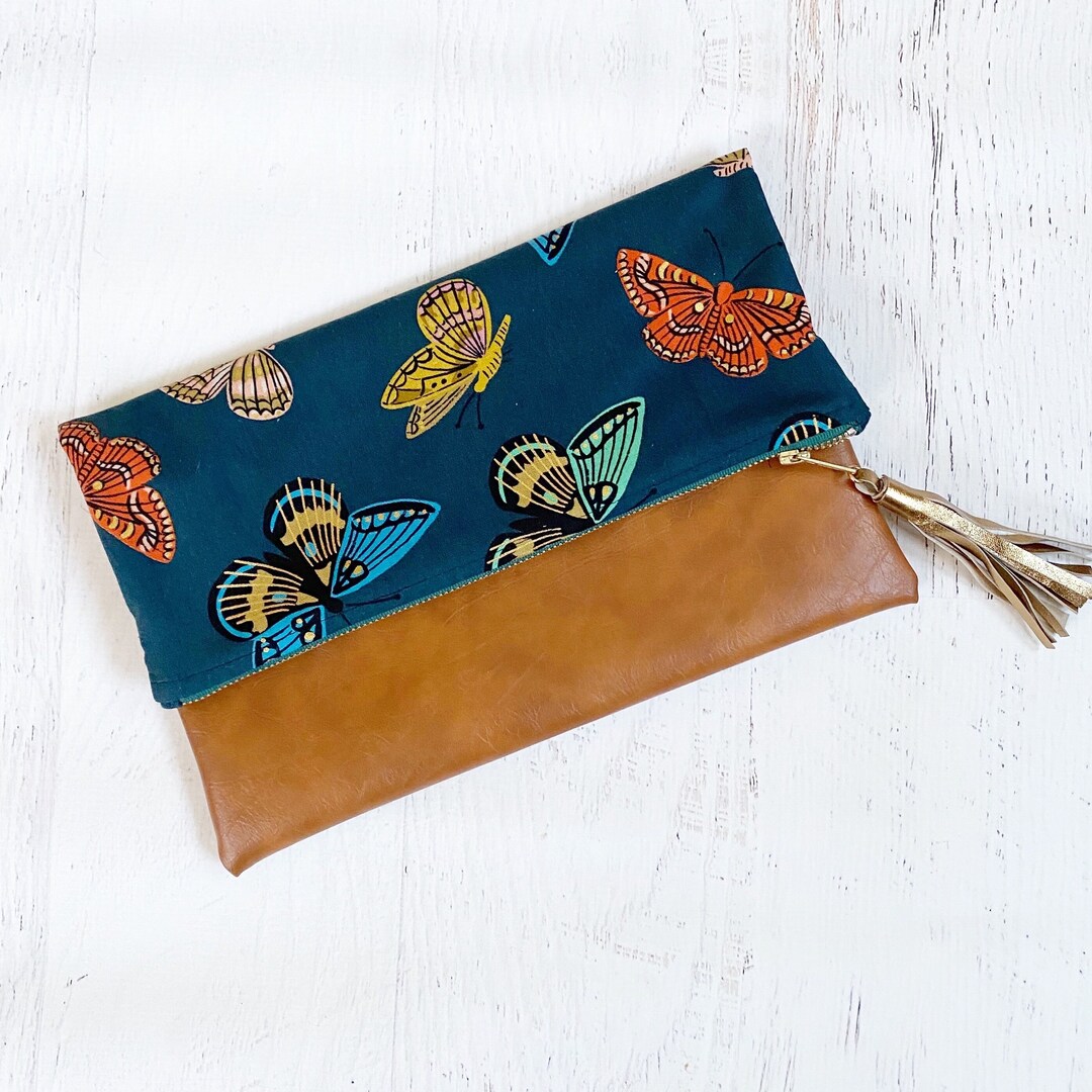 Blue Butterfly Rifle Paper Co Canvas & Brown Faux Leather Foldover ...