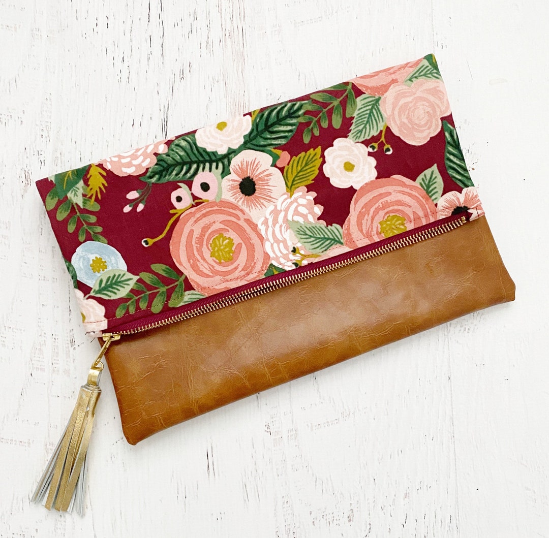 Burgundy Floral Print Rifle Paper Co Canvas & Brown Faux Leather ...