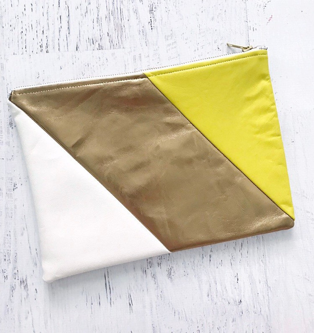 Colorblock Citron and Gold Leather and White Faux Leather Clutch - Gift ...
