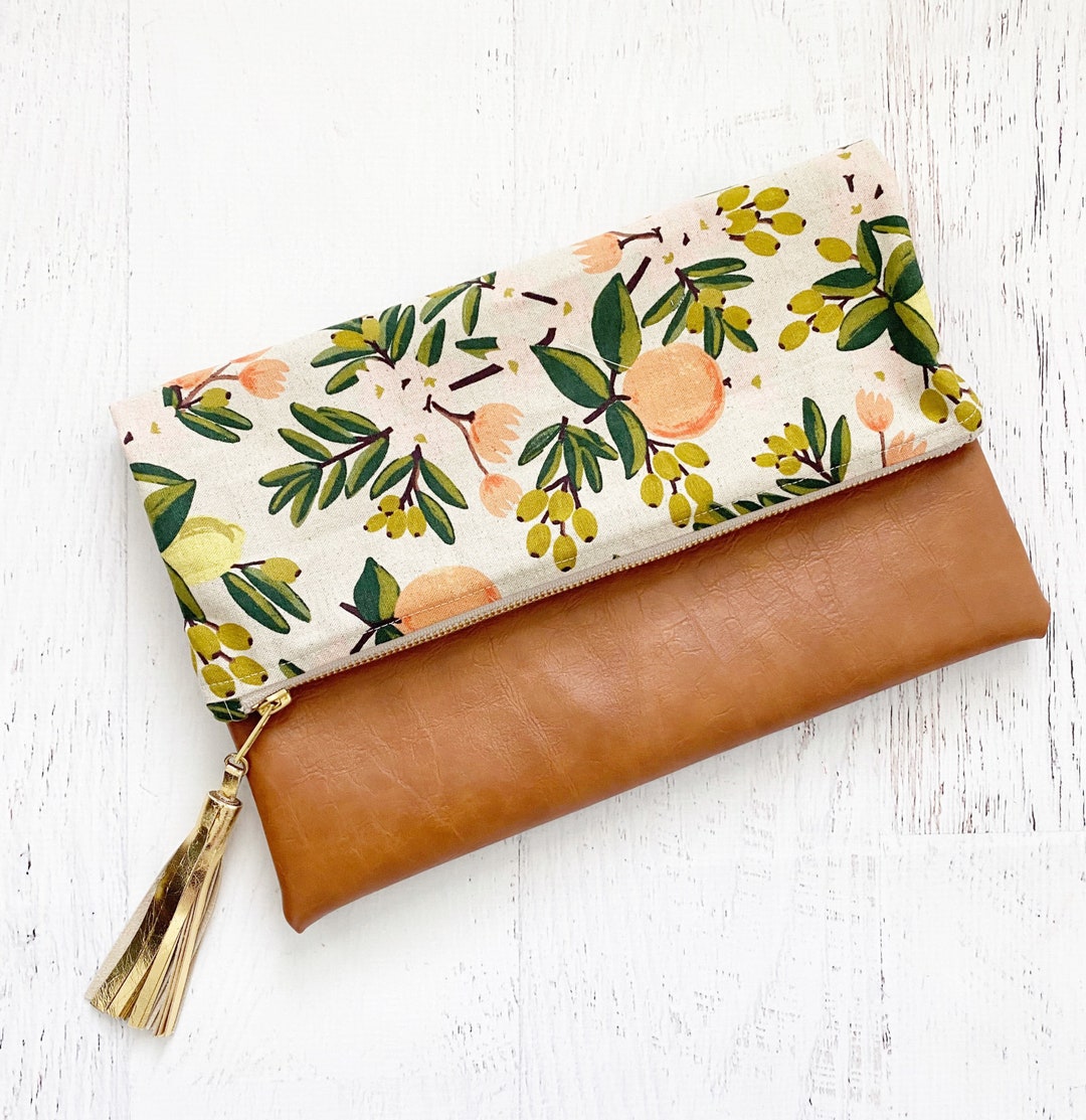 Citrus Print Rifle Paper Co Canvas & Brown Faux Leather Foldover Clutch ...