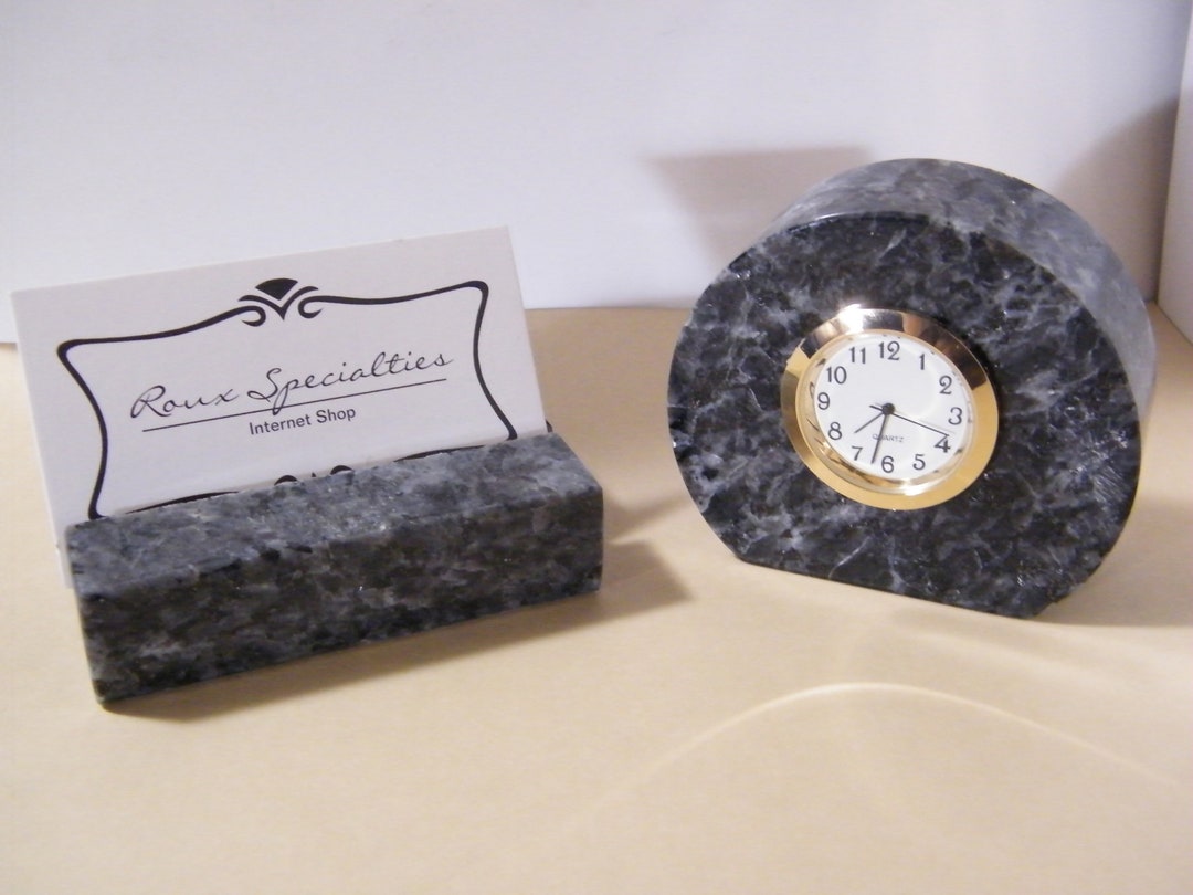 Polished Blue Pearl Granite Clock With Business Card Holder: Employee ...