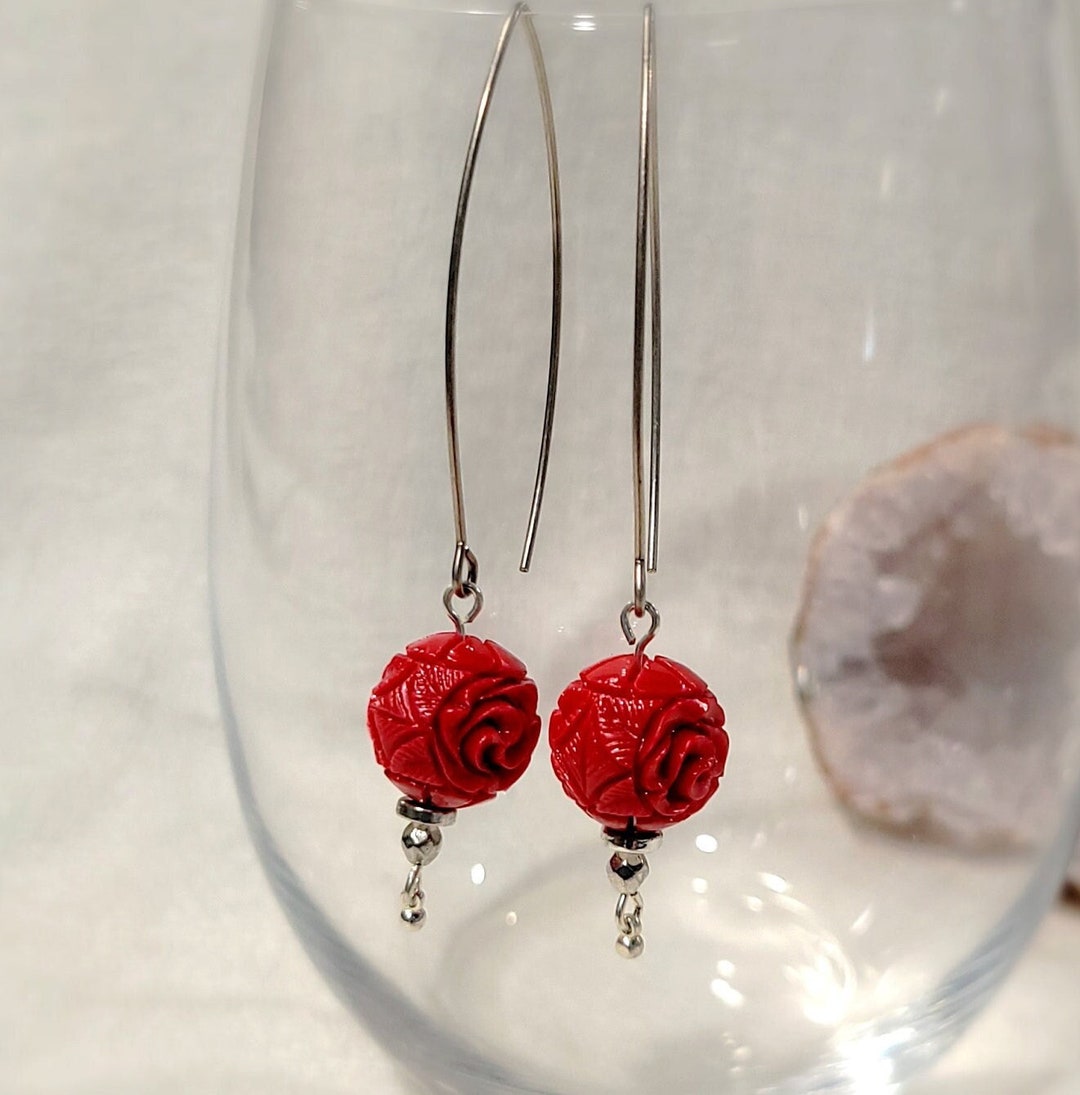 Bold Red Carved Stone Earrings - Etsy
