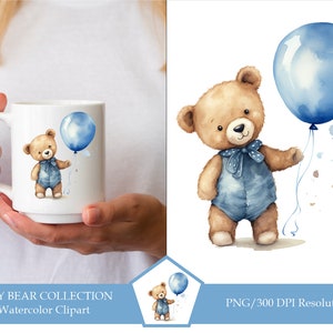 Watercolor Teddy Bear Clipart, Vintage Teddy Bear, Blue Baby Bear, Baby Shower Clipart, Png ...