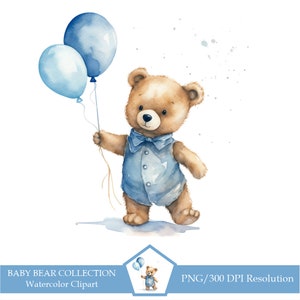 Watercolor Teddy Bear Clipart, Vintage Teddy Bear, Blue Baby Bear, Baby Shower Clipart, Png ...