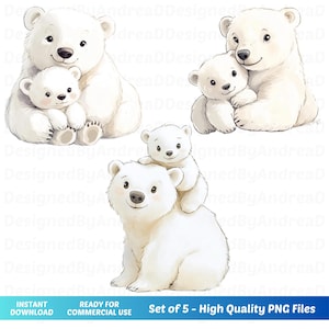 Mama Polar Bear Clipart, Watercolor Baby Polar Bear, Arctic Animals ...