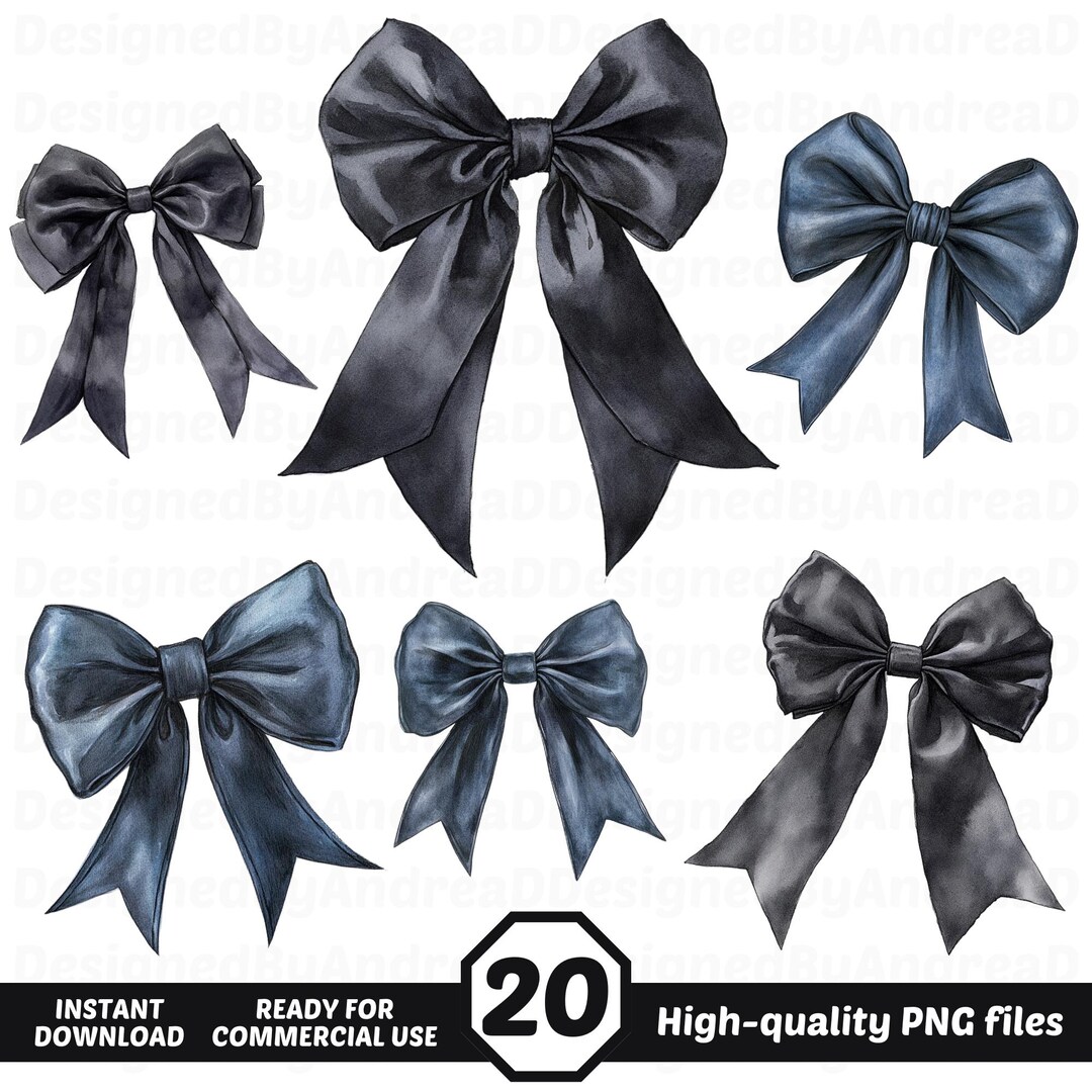 20 Black Bows Clipart, Black Coquette Ribbon Png, Watercolor Black Bows ...