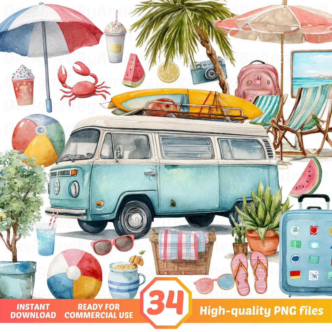 Watercolor Summer Beach Clipart, Summer Vacation PNG, Travel Clipart ...