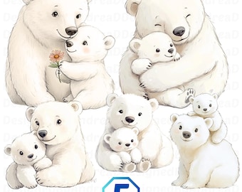 Mama Polar Bear Clipart, Watercolor Baby Polar Bear, Arctic Animals ...