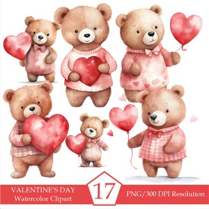 Watercolor Valentines Day Clipart, Heart, Red Roses, Teddy Bear, Cute ...